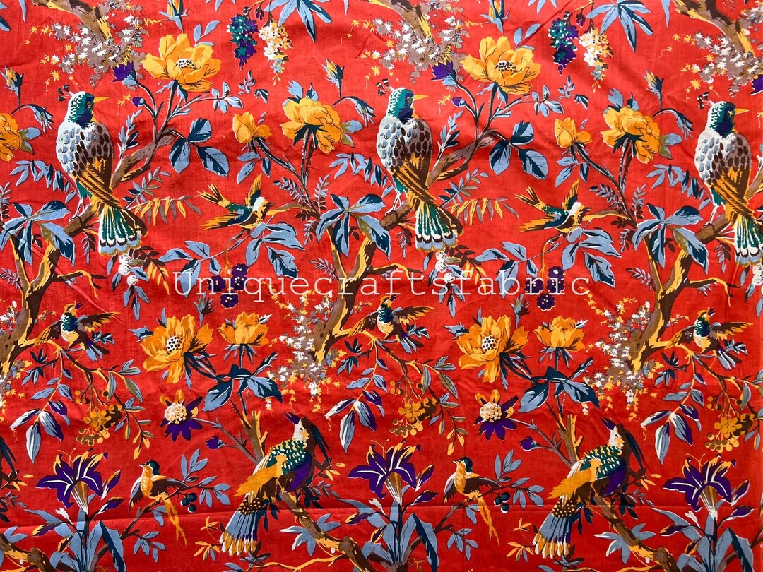 Red Bird Print Cotton Fabric: Floral Kimono Sewing Material - Etsy UK