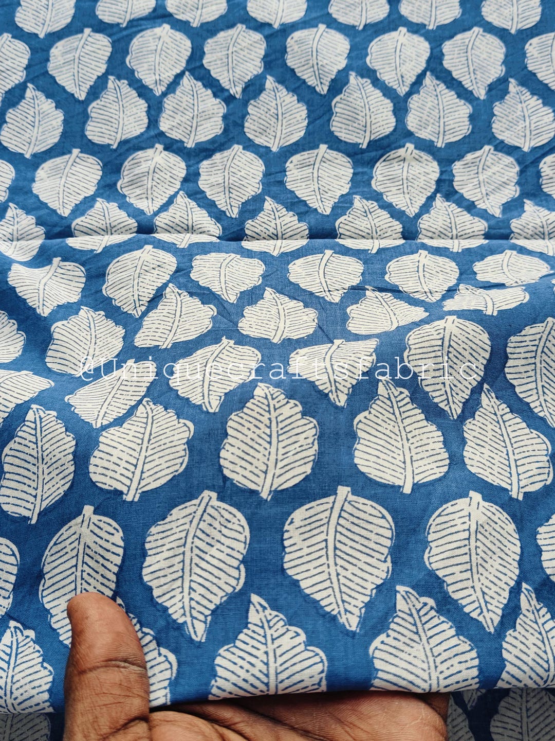Blue Leaf Print Cotton Hand Block Print Fabric by the Yard, Voile ...
