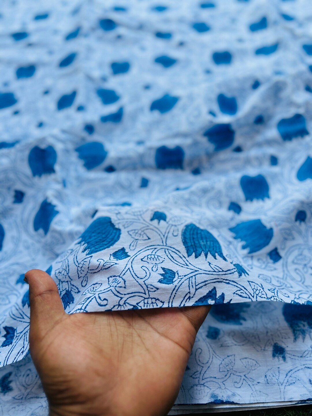 Blue Lotus Flower Print Cotton Fabric: Indian Block Printed Craft ...