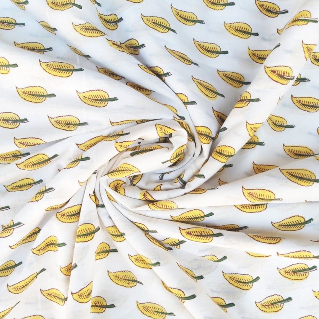 Yellow Leaf Print Cotton Fabric, Block Print Fabric, Indian Fabric ...