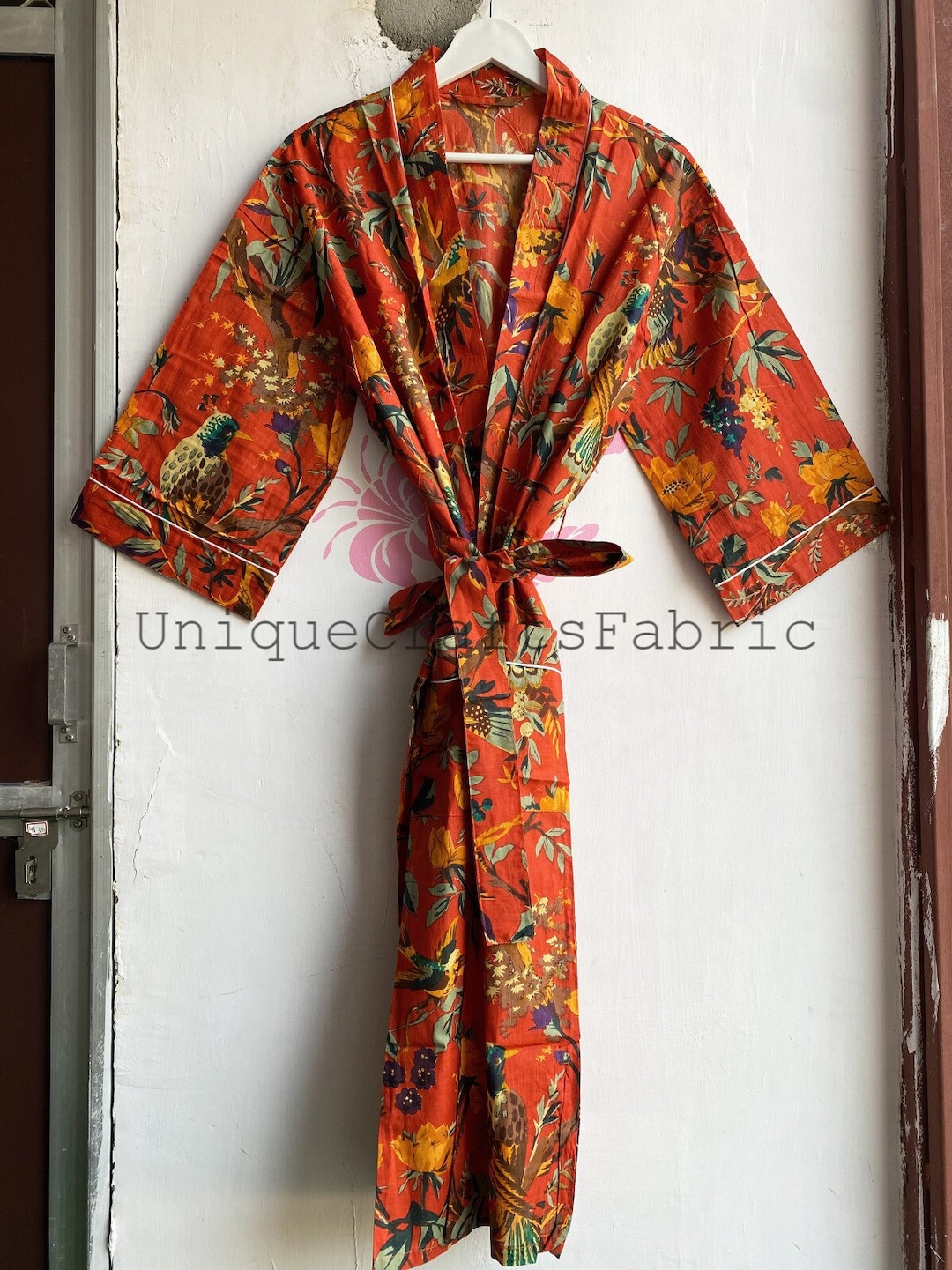 Orange Bird Print Kimono Ofmd Robe Bridesmaid Robe Bridal - Etsy