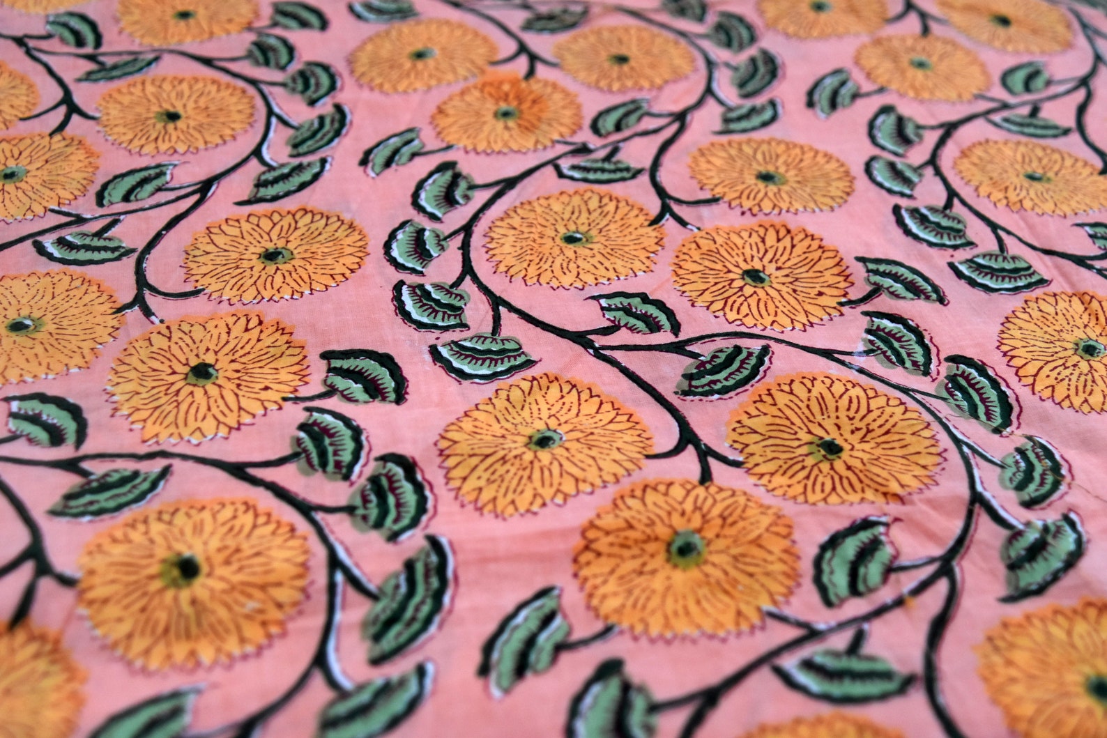 Orange Floral Print Cotton Fabric: Indian Hand Block Print - Etsy