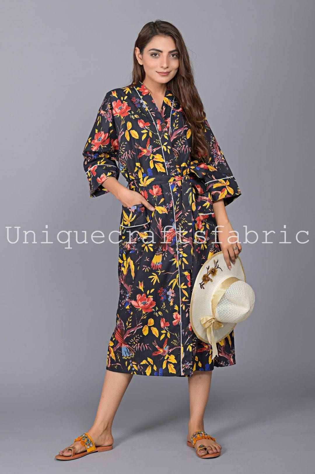 Beautiful Bird Print Ofmd Robe, Indian Soft Cotton Kimono, Kimono ...