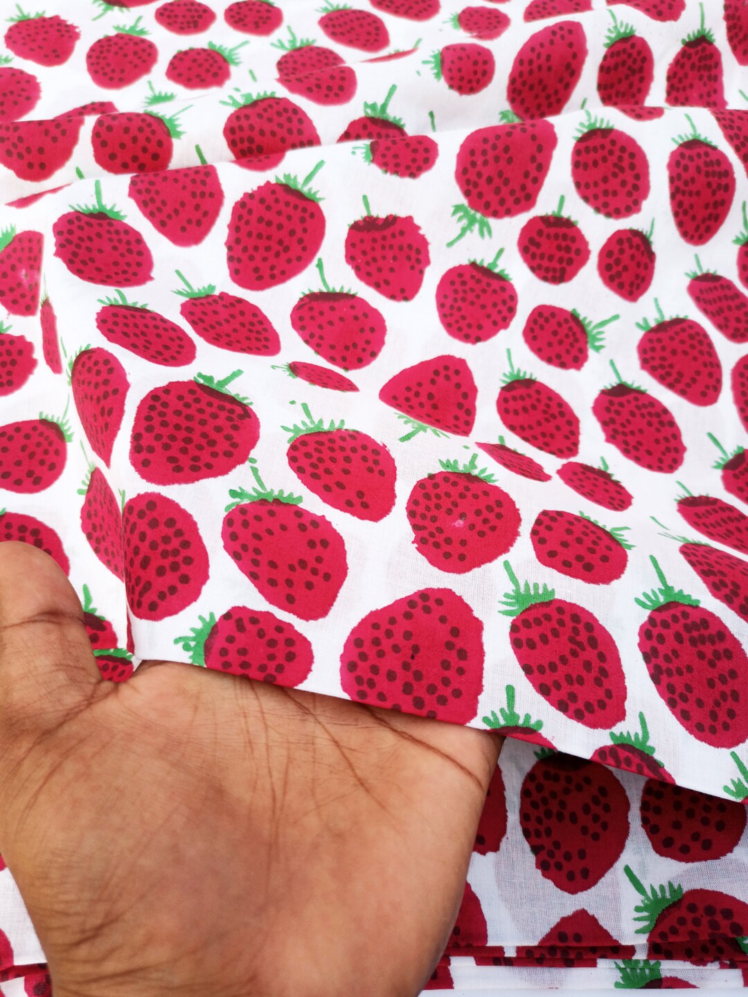 Strawberry Print Cotton Fabric: Hand Block Printed Dressmaking Material ...