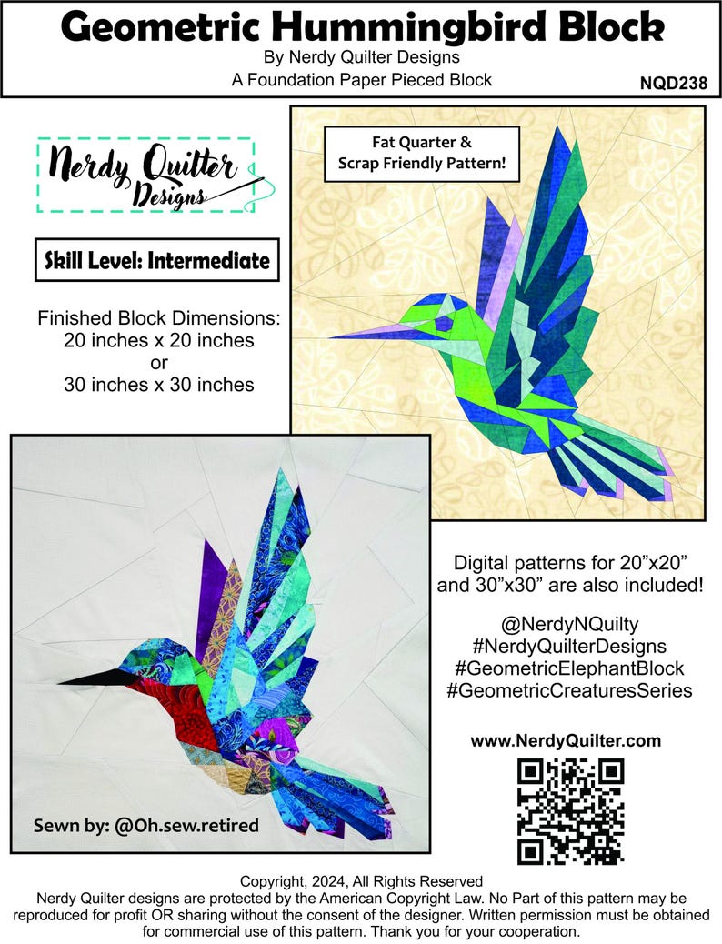 Geometric Hummingbird Foundation Paper Pieced Quilt Pattern Block From ...