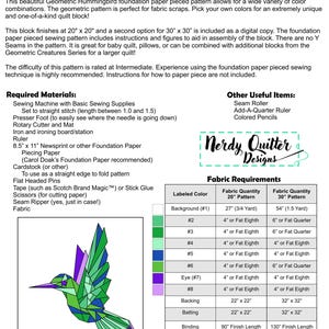 Geometric Hummingbird Foundation Paper Pieced Quilt Pattern Block From ...