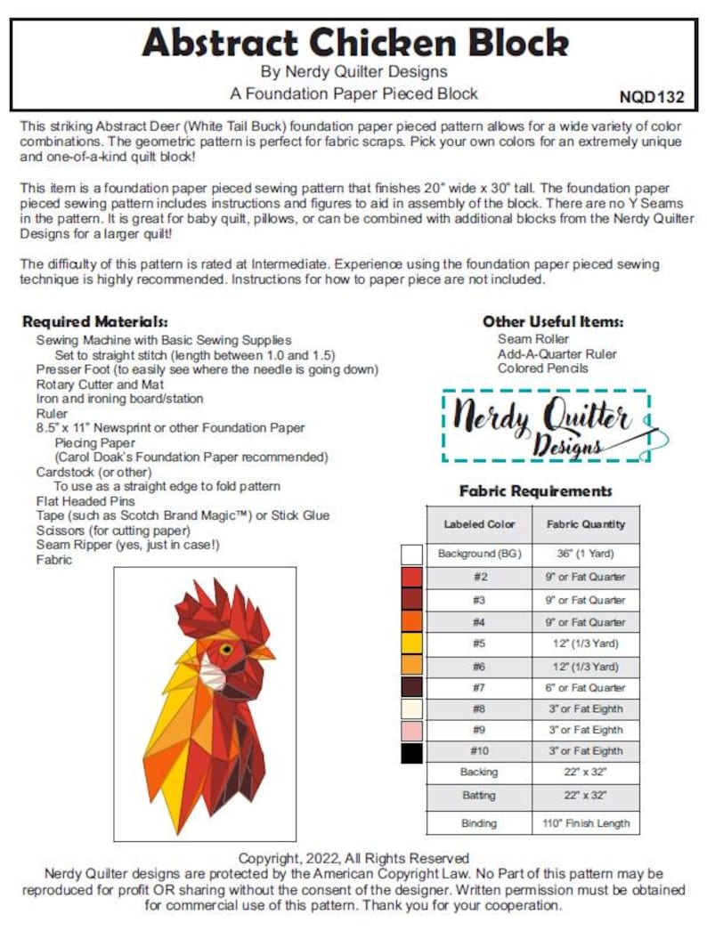 Abstract Chicken (rooster) Foundation Paper Pieced Quilt Pattern Block ...