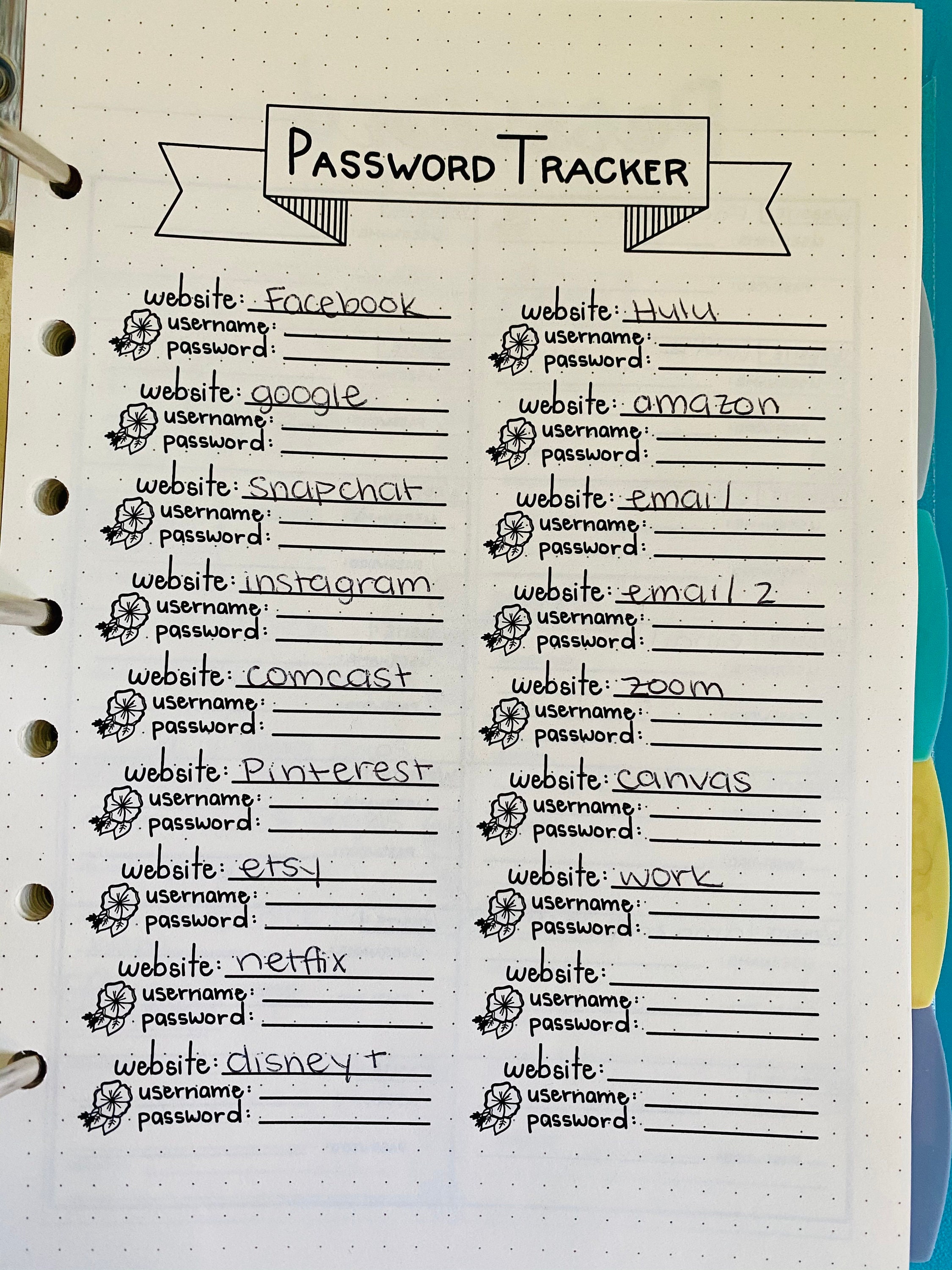 Printable Password Tracker for Bullet Journal - Etsy