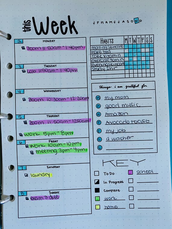 Weekly Schedule Printable Bullet Journal Page | Etsy