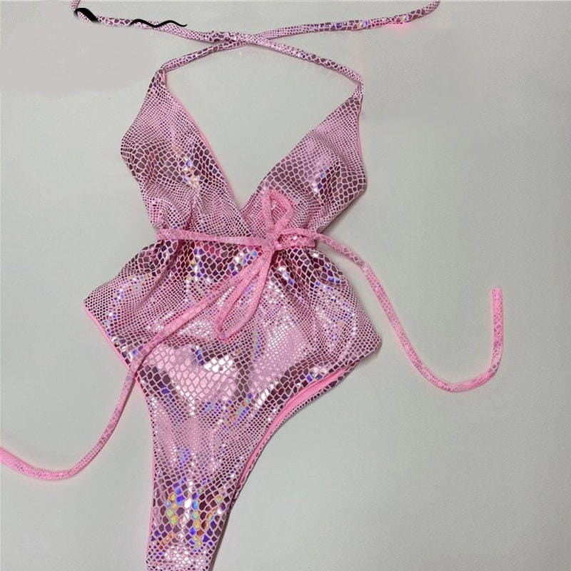 Glitter Sexy Swimsuit One Piece Sexy String Monokini Pink Etsy