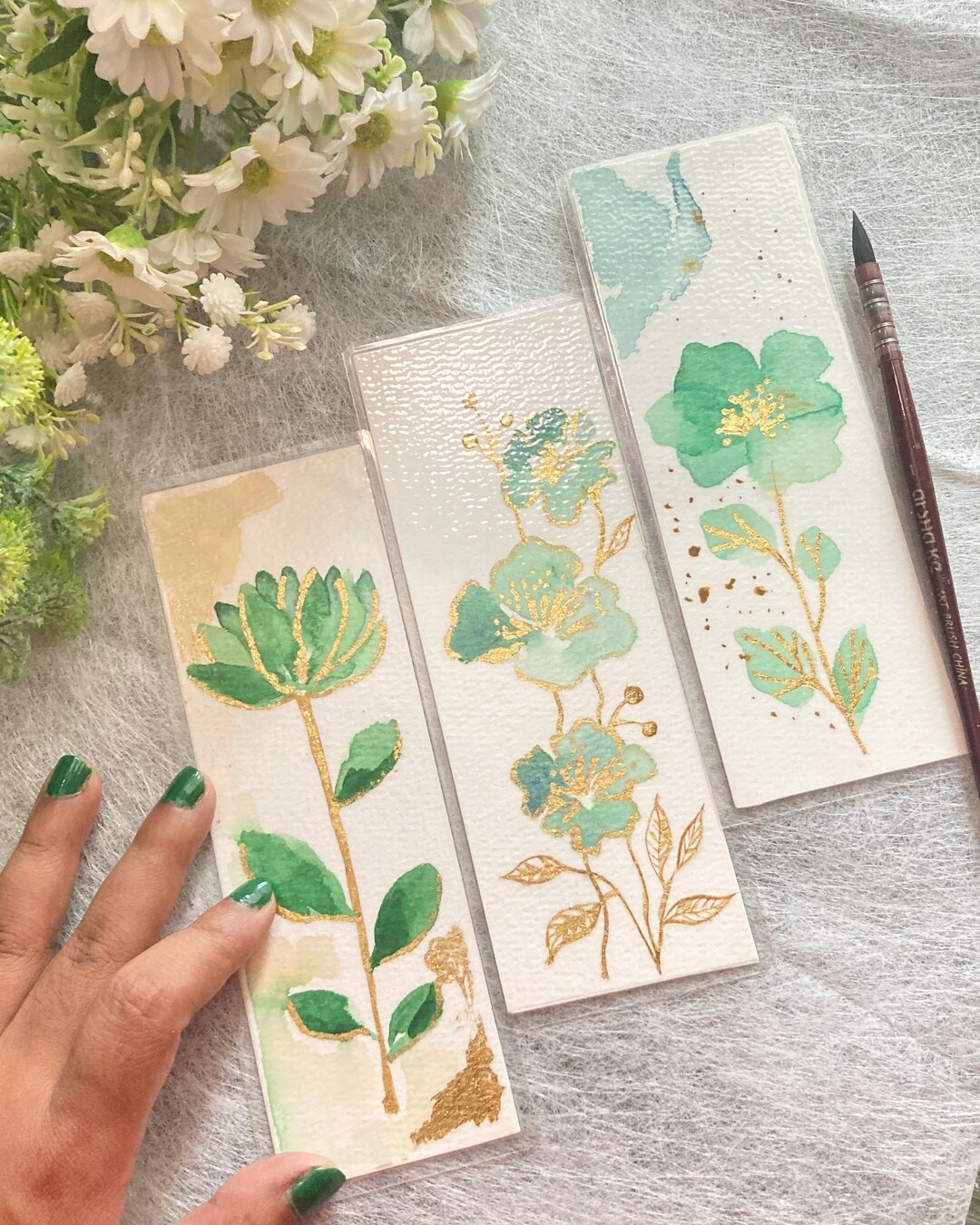 3pc Original Laminated Floral Bookmarks/gold Foiled Bookmarks Set/green ...
