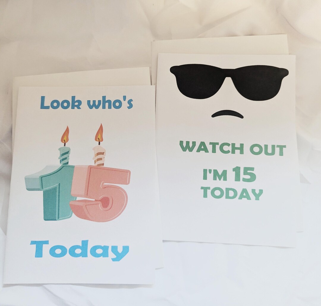 Set of 2 Colorful Designs for Any Fifteen Year Old, Birthday Card for ...