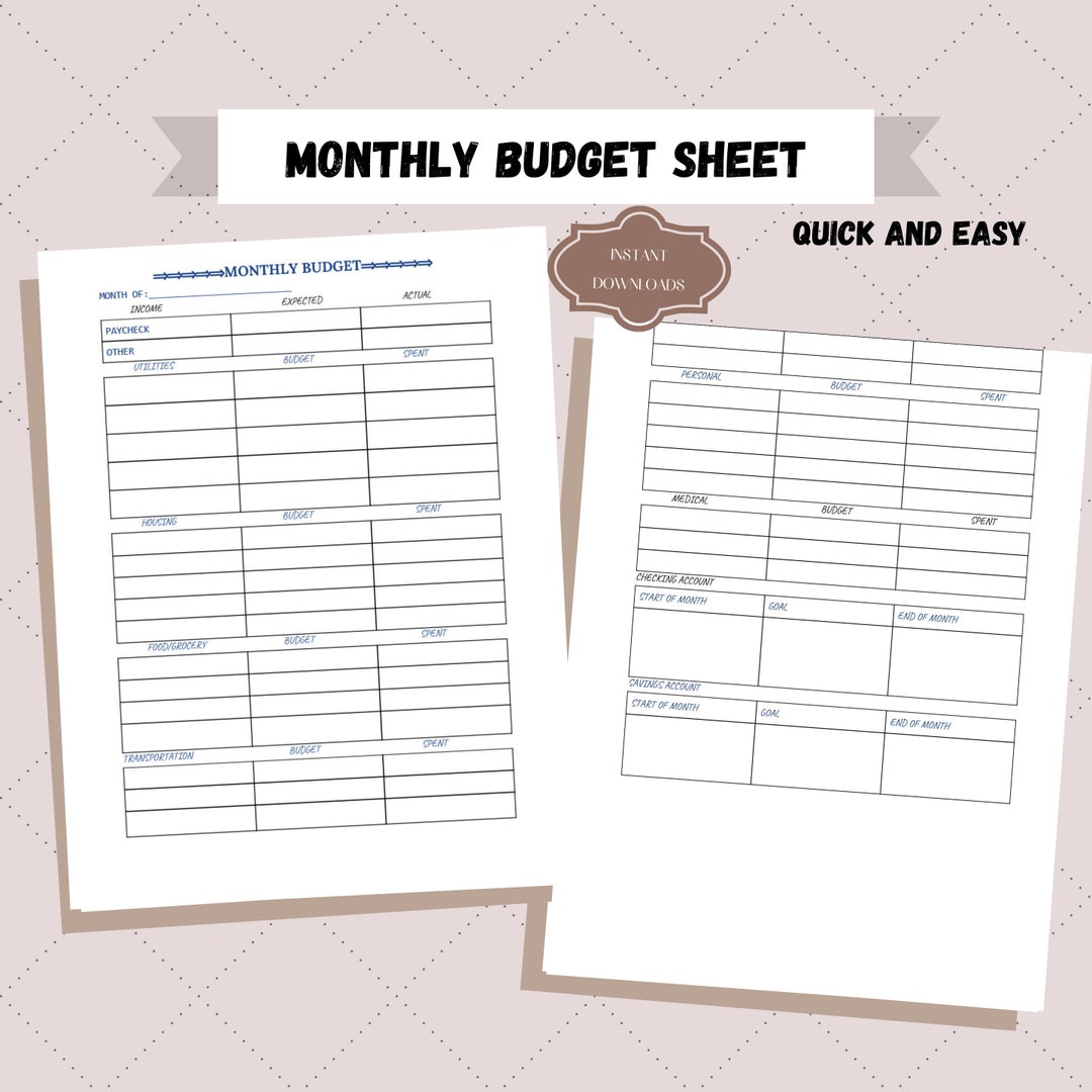 Printable Monthly Budget Sheet: A4 & US Letter (digital Download) - Etsy
