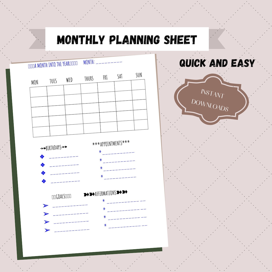 Digital, Printable Monthly Planning Sheet, Monthly Planner Sheet ...
