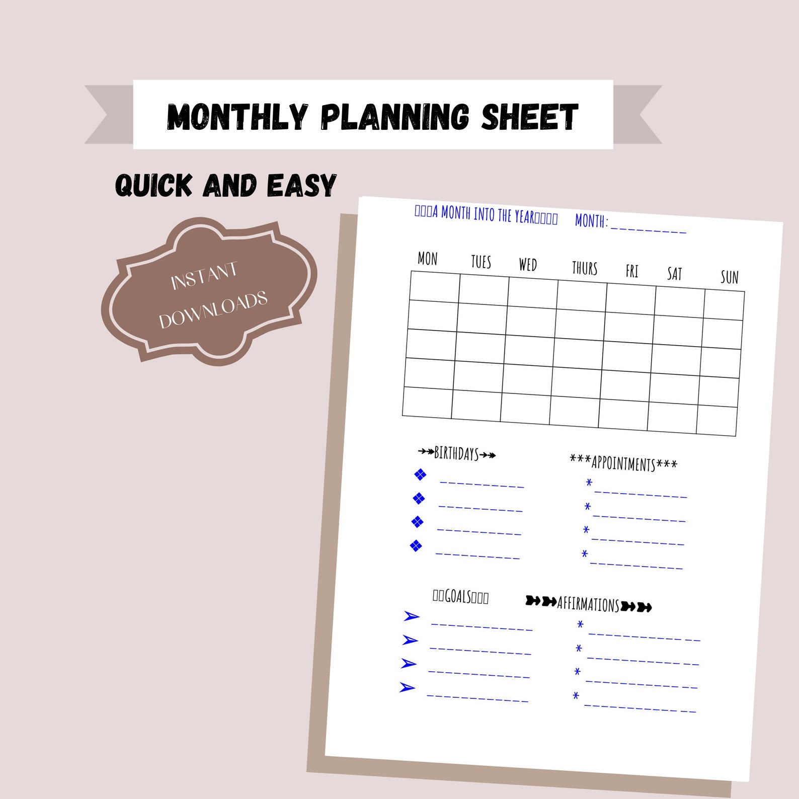 Digital, Printable Monthly Planning Sheet, Monthly Planner Sheet ...