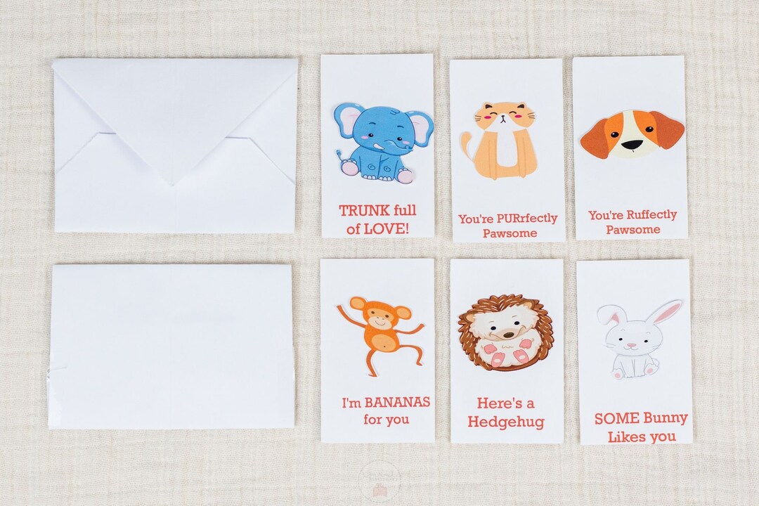 Set of Six Different Animals With Sticker Valentine Cards for Kids ...