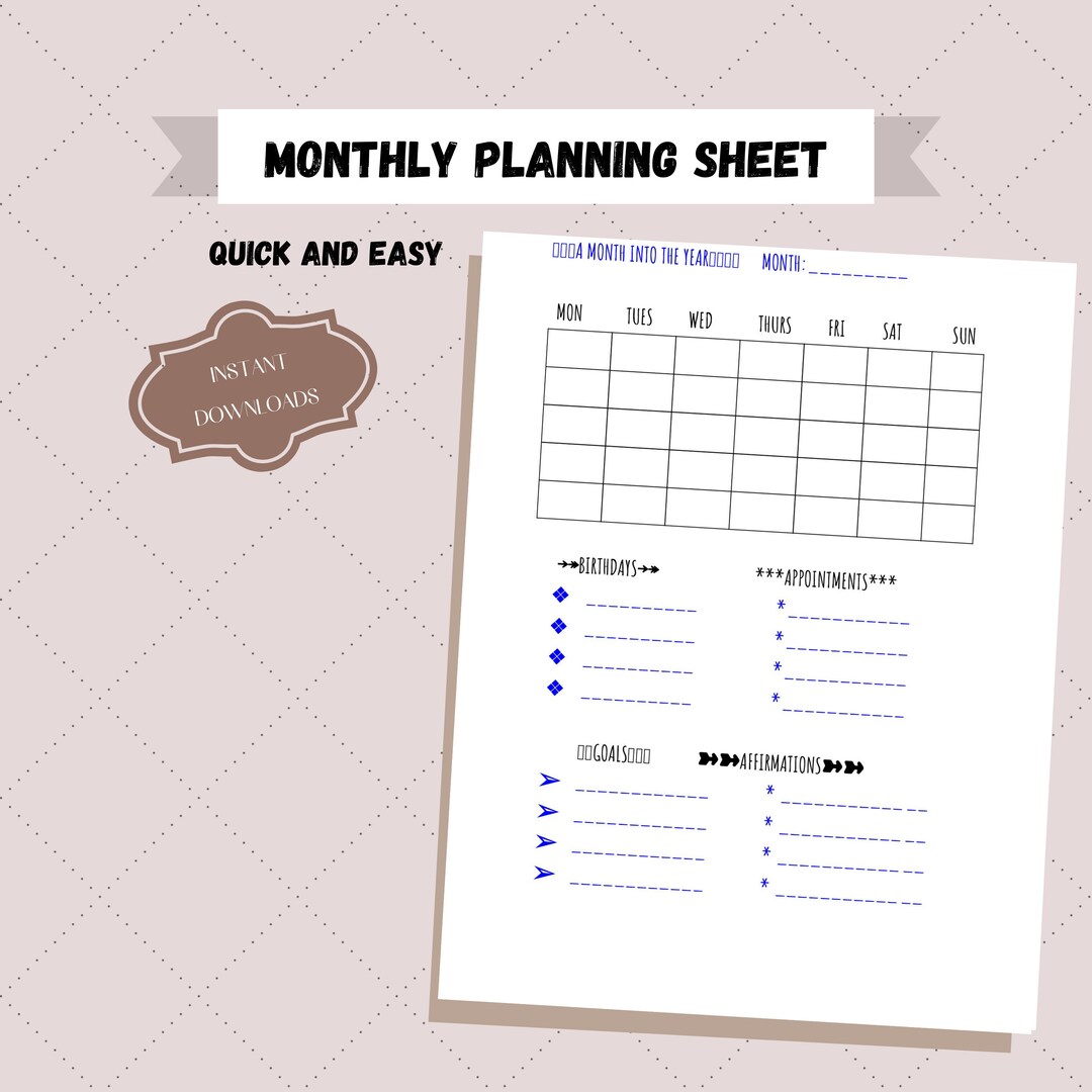 Digital, Printable Monthly Planning Sheet, Monthly Planner Sheet ...