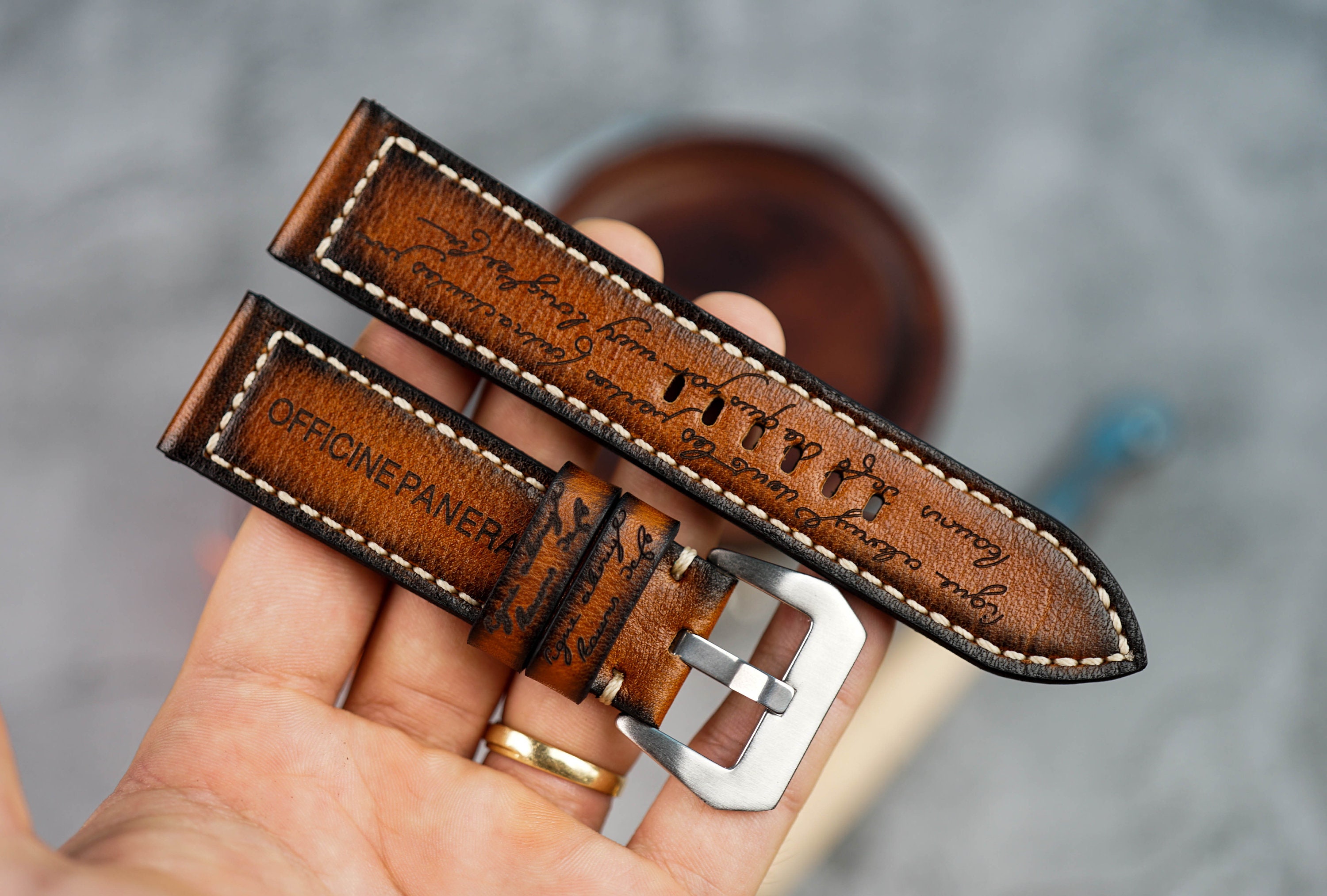 Bespoke Patina Brown Engraved Leather Watch Strap, Custom Watch Band ...