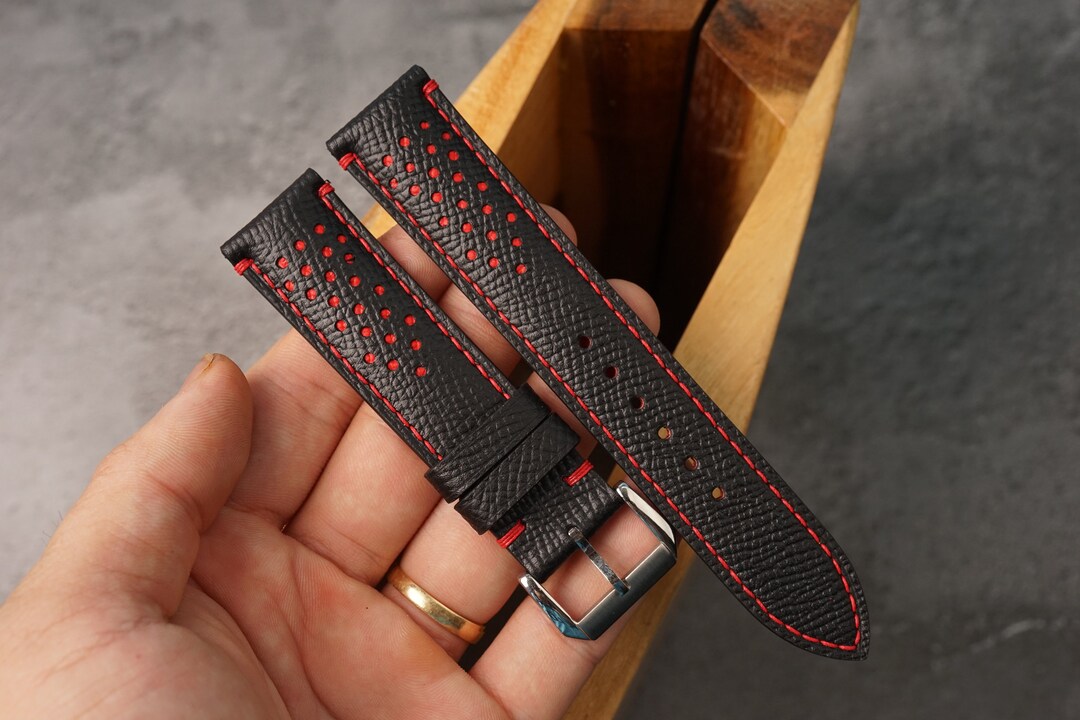 Custom Red Lining Black Rally Watch Band, Black Epsom Watch Strap ...