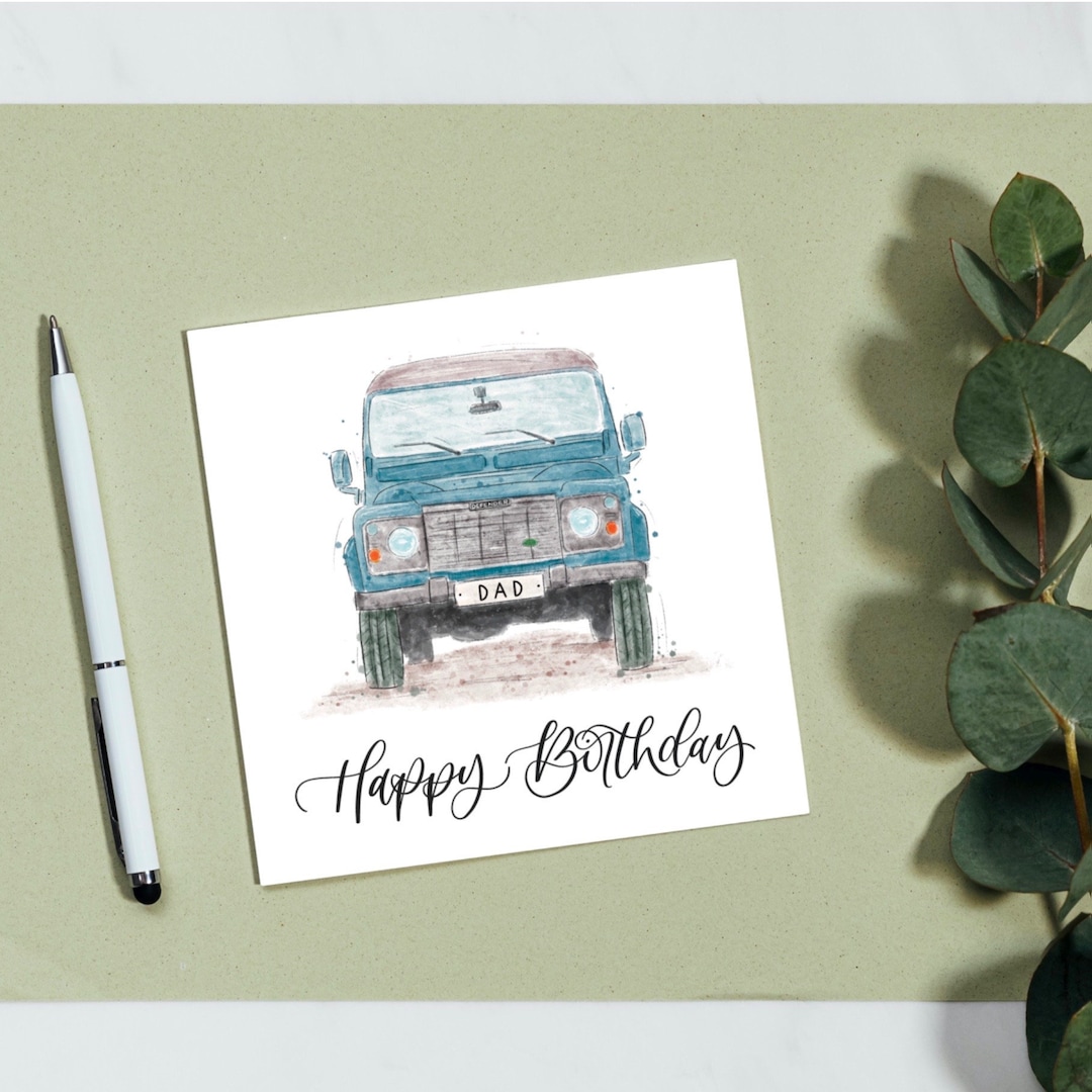 Blue Land Rover Illustrated Personalised Number Plate Happy Birthday ...