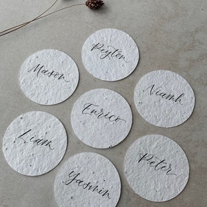 Wildflower Seed Circle Shape Calligraphy Place Cards | Eco Friendly ...