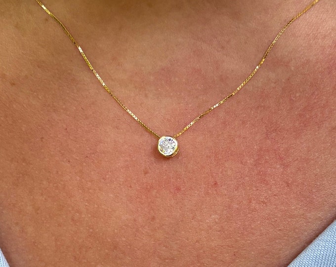 Dainty Solitaire Diamond Necklace, 14K Gold Plated, Single Diamond ...