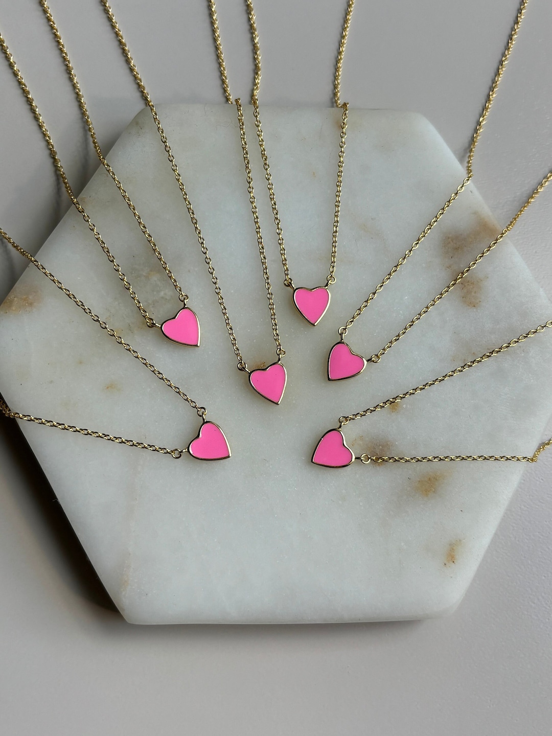 Dainty Pink Heart Necklace, Gold Heart Necklace, Pink Heart Enamel ...