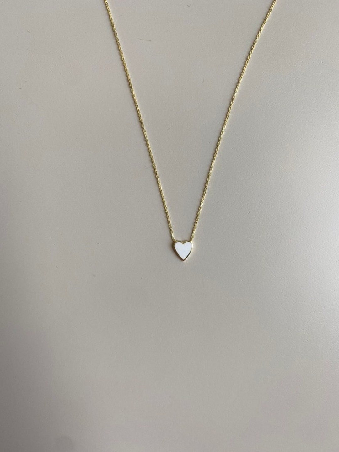 Dainty White Heart Necklace, 14K Gold Heart Necklace, Gold Plated Heart Necklace, Heart Charm ...