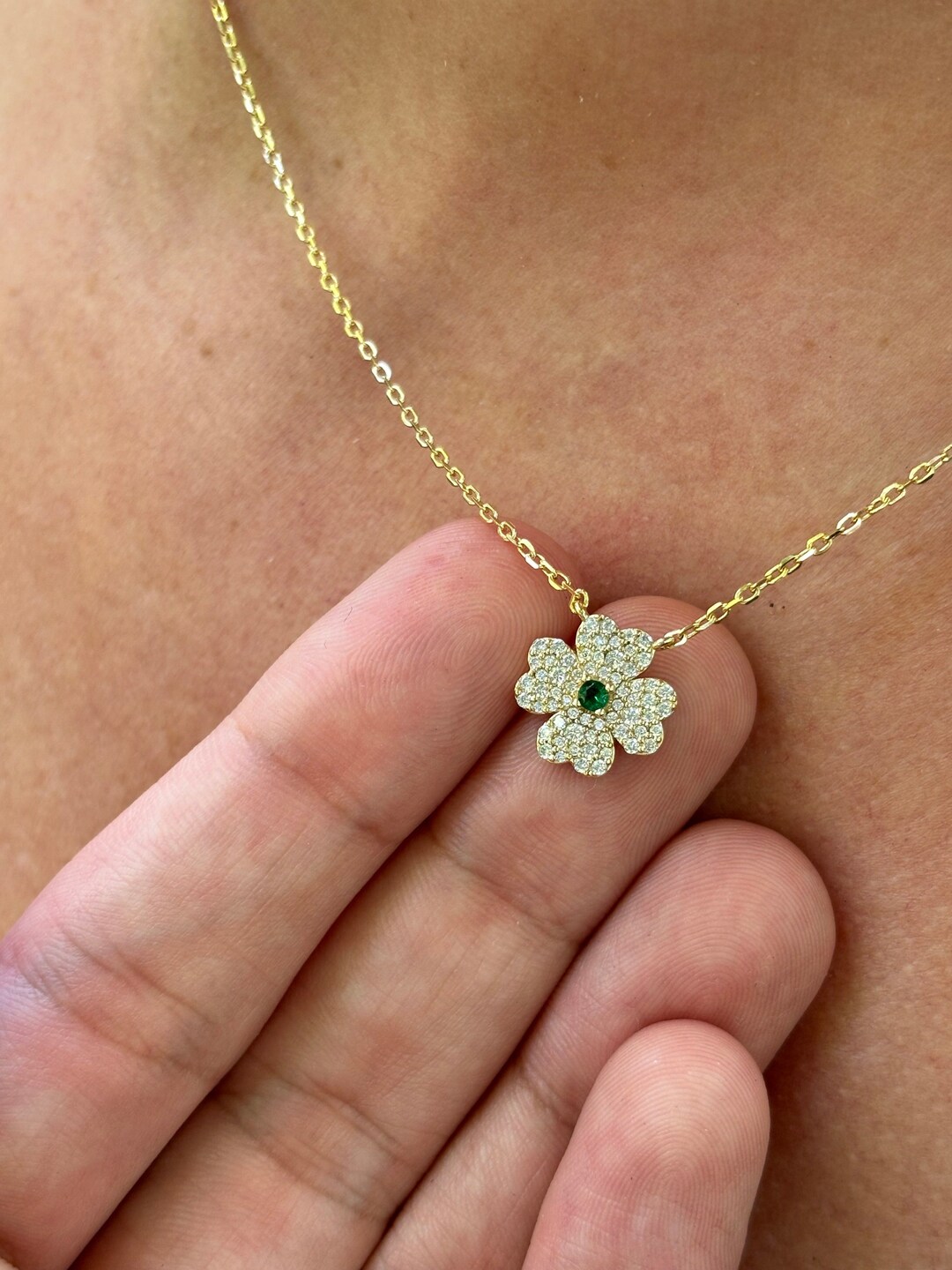 Dainty Clover Necklace, Pave Clover Charm Necklace, 14K Gold Plated ...