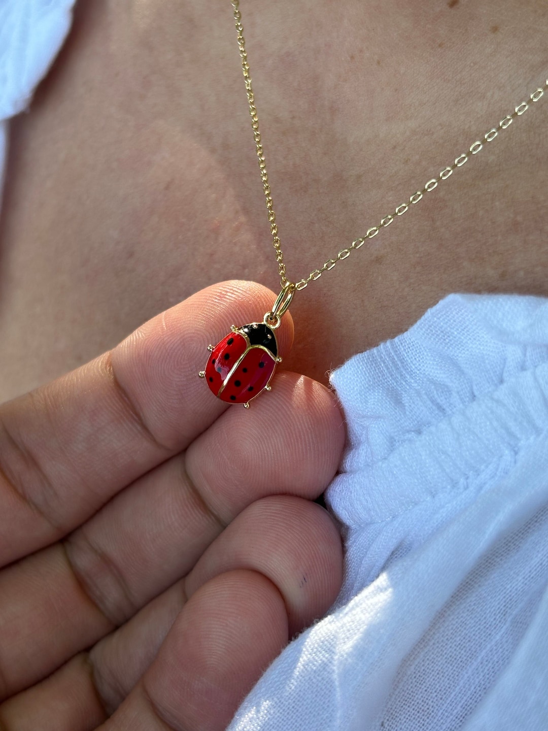 Gold Ladybug Necklace, 14K Gold Plated Ladybug Charm Necklace, Gift for ...