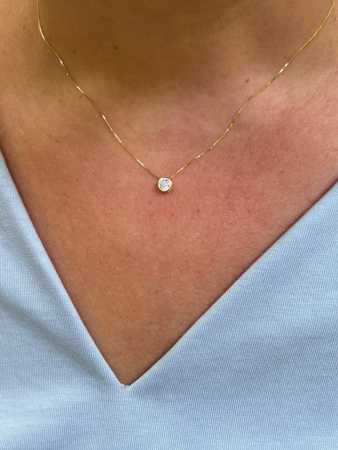 Dainty Solitaire Diamond Necklace, 14K Gold Plated, Single Diamond ...