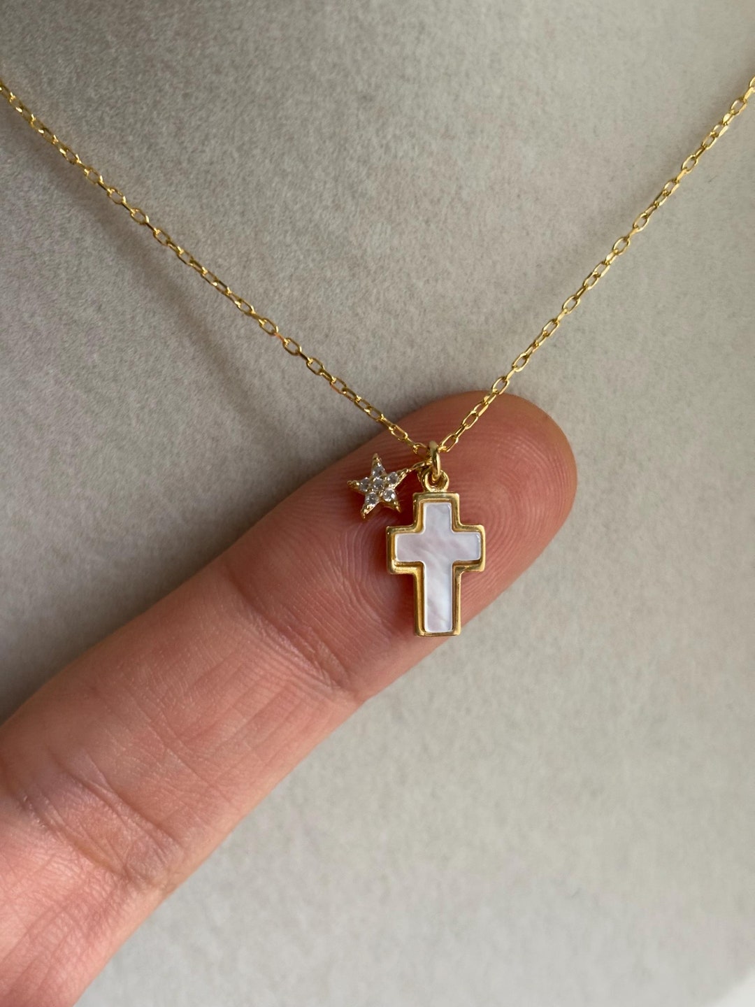Dainty Mother of Pearl Cross Necklace, Minimalist Gold Cross Charm ...