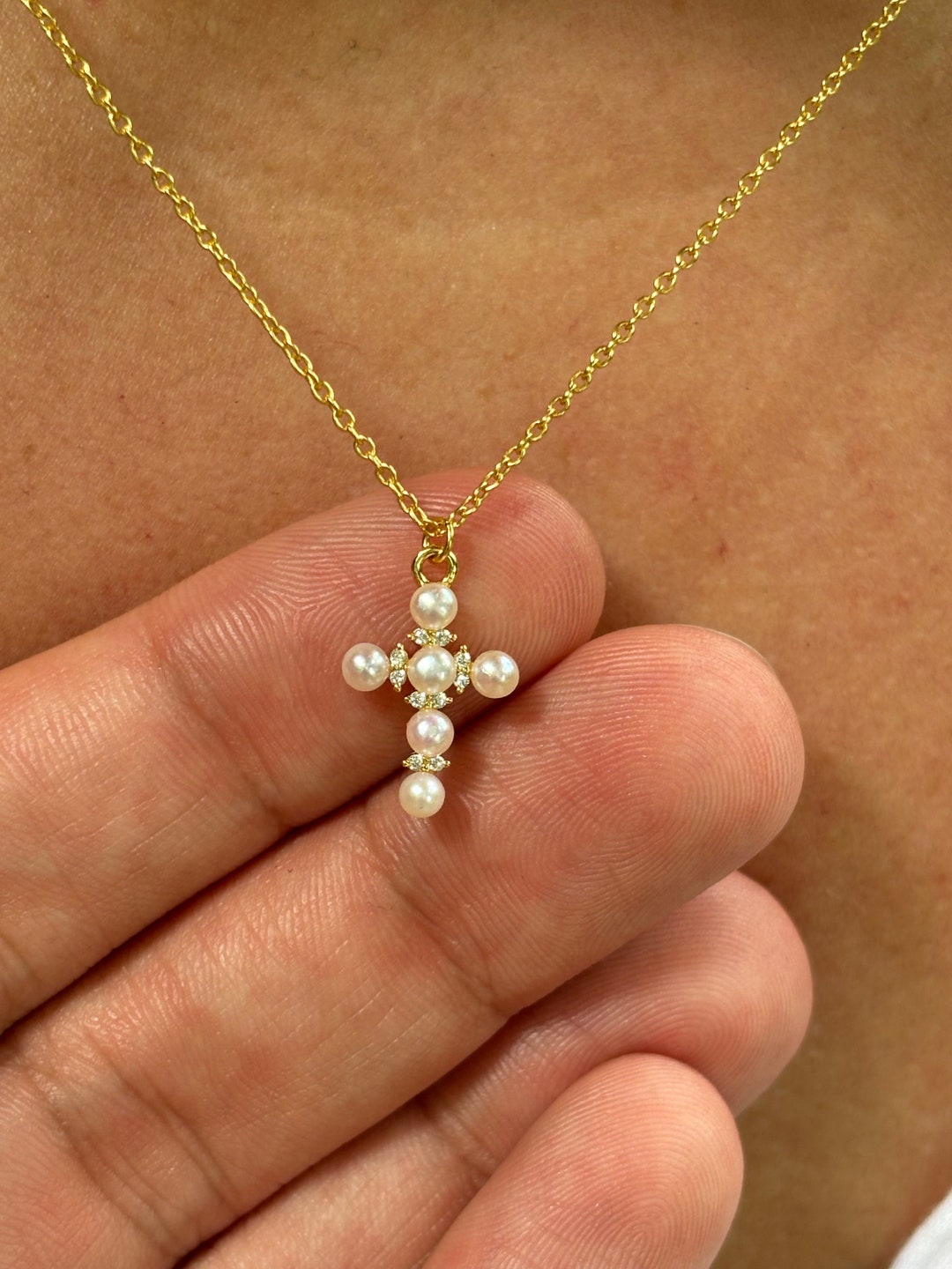 Dainty Pearl Cross Necklace, 14K Gold Plated, Gold Pearl Crucifix ...