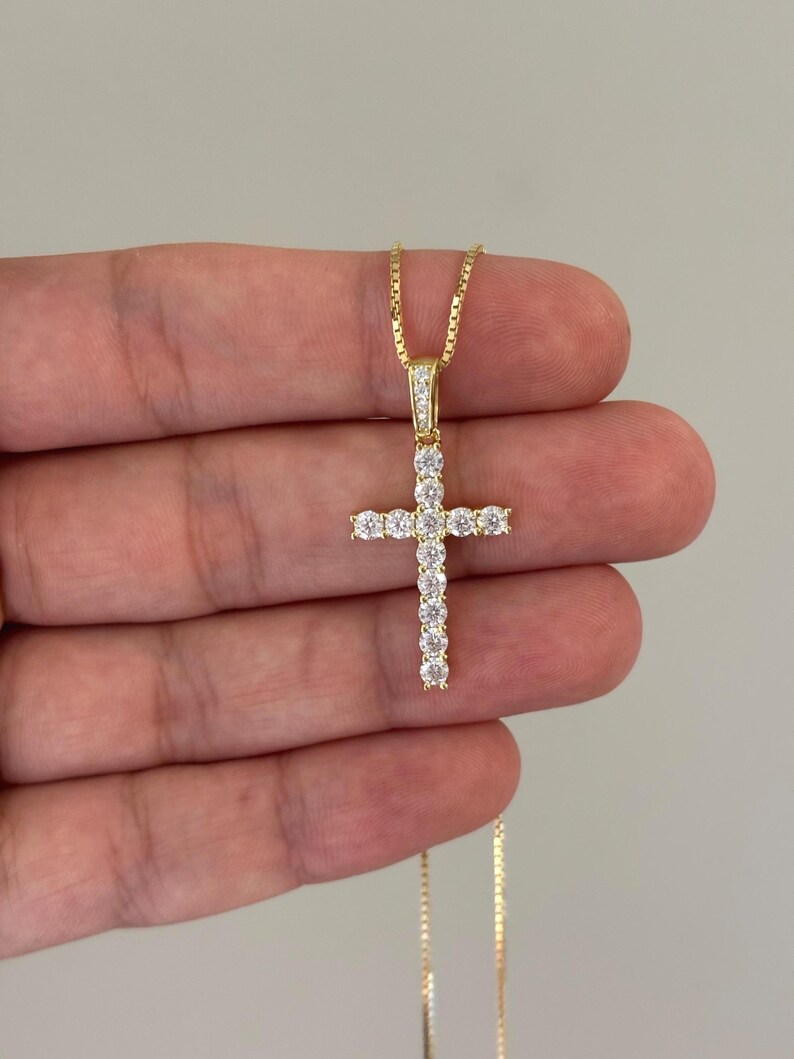 Gold Moissanite Cross Charm & Box Chain, Small Diamond Cross Necklace ...