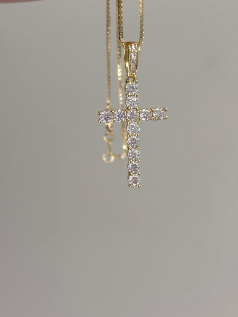 Gold Moissanite Cross Charm & Box Chain, Small Diamond Cross Necklace ...