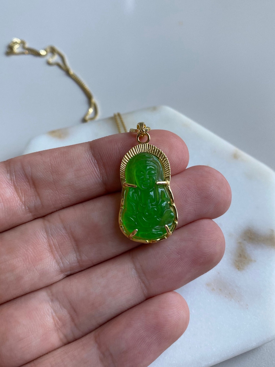 Gold Guanyin Buddha Necklace, 14K Gold Plated Necklace, Genuine Jade ...