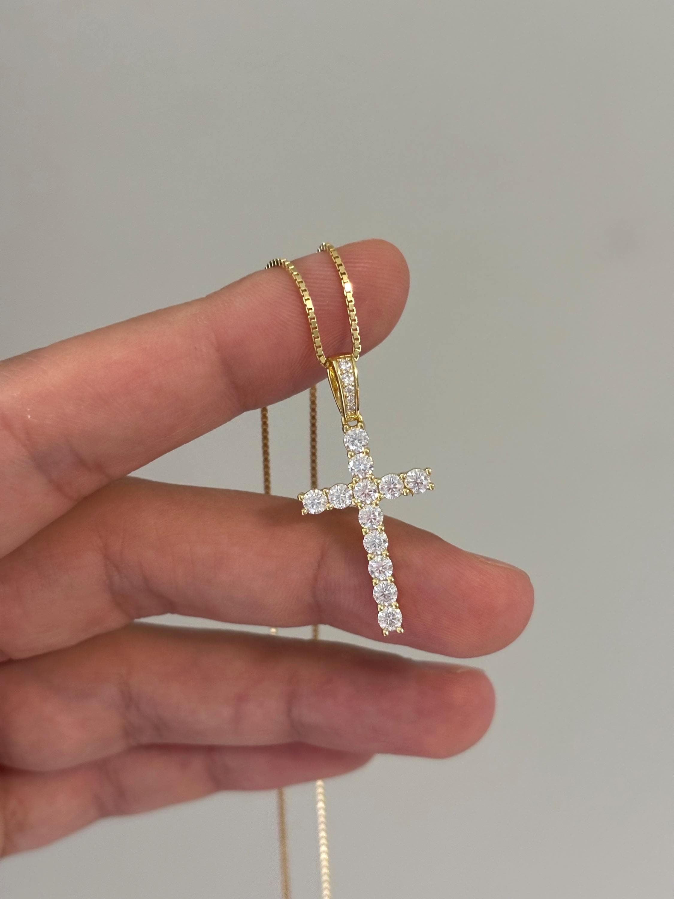 Gold Moissanite Cross Charm & Box Chain, Small Diamond Cross Necklace ...