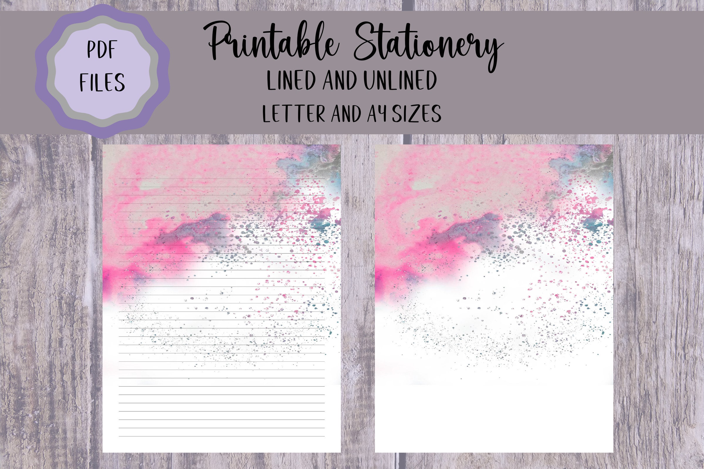 Printable Pink and Blue Watercolor Splat Stationery, Letter Writing ...