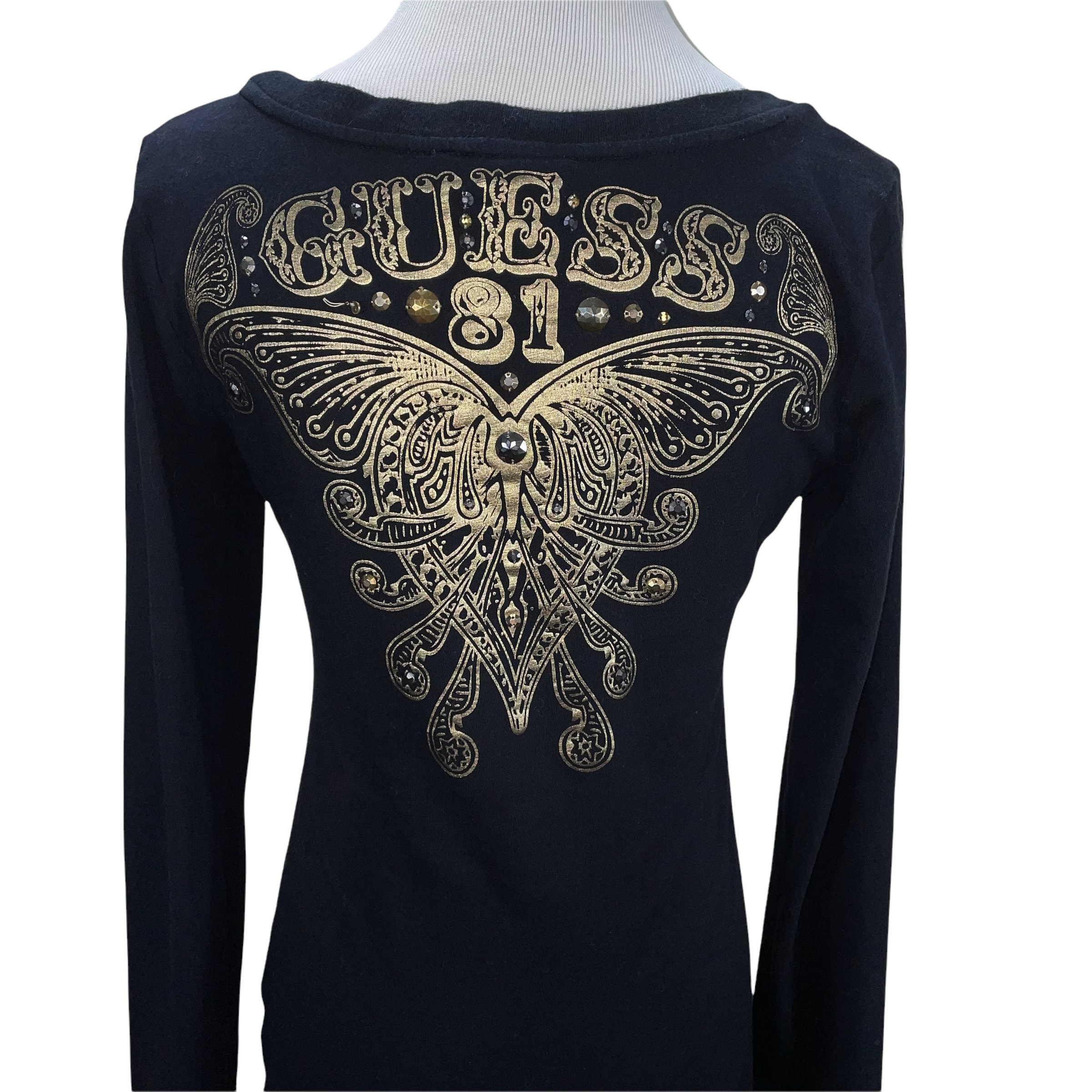 Vintage Guess 1981 Beaded Gold Logo & Heart Print Black Knit Top Size M ...