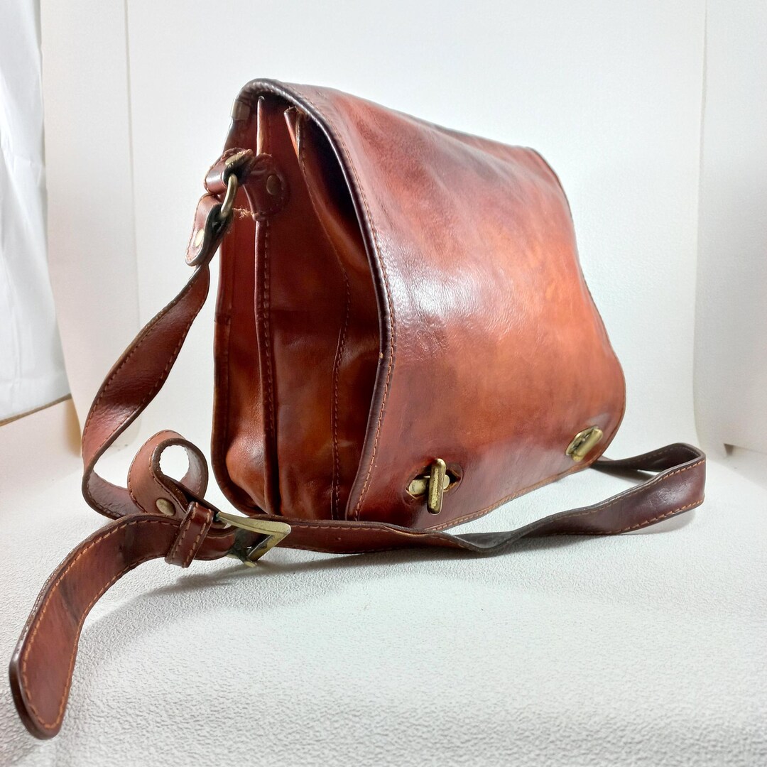 Leather Bag Huge Leather Very Lived in Brass Finishes Bag Shoulder Bag ...