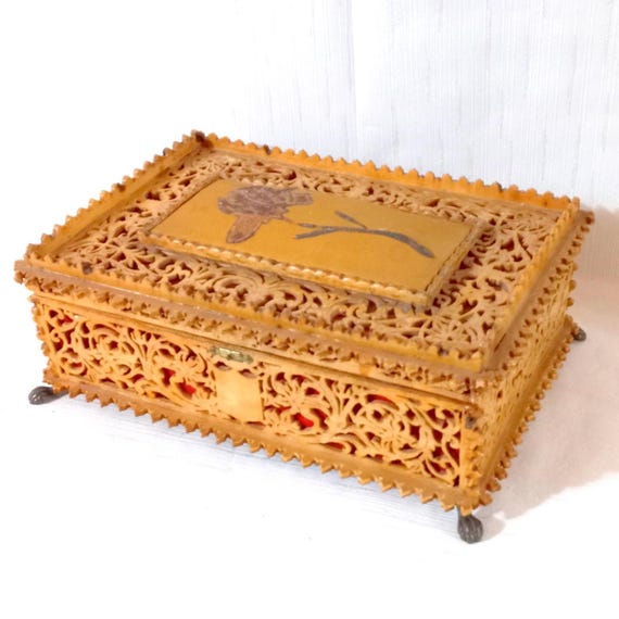 Rare Early 1900s Carved Wooden Jewelry Box Hand Made … - Gem
