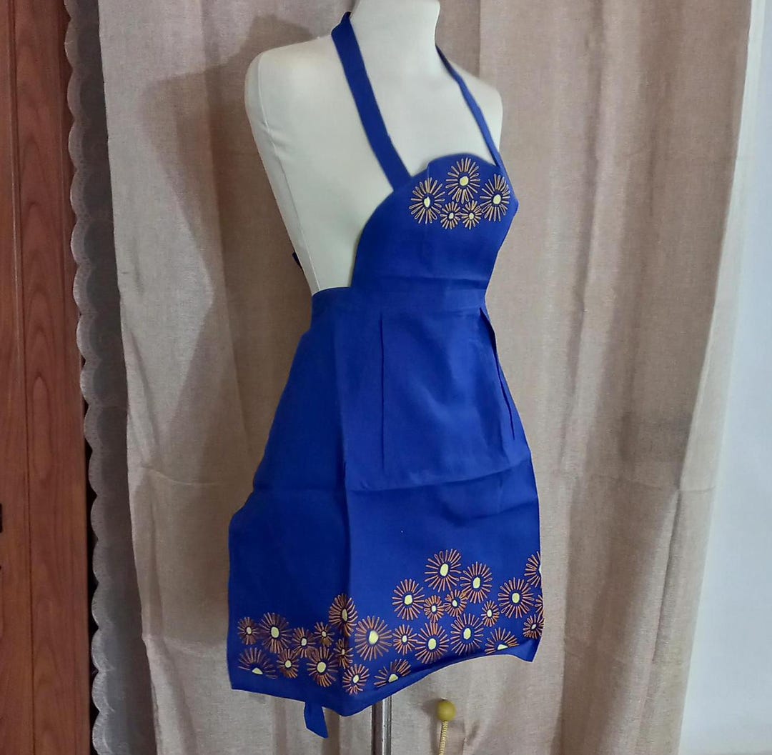 Apron Pure Cotton 1990s Vintage Kitchen Apron Blue Color Embroidered ...