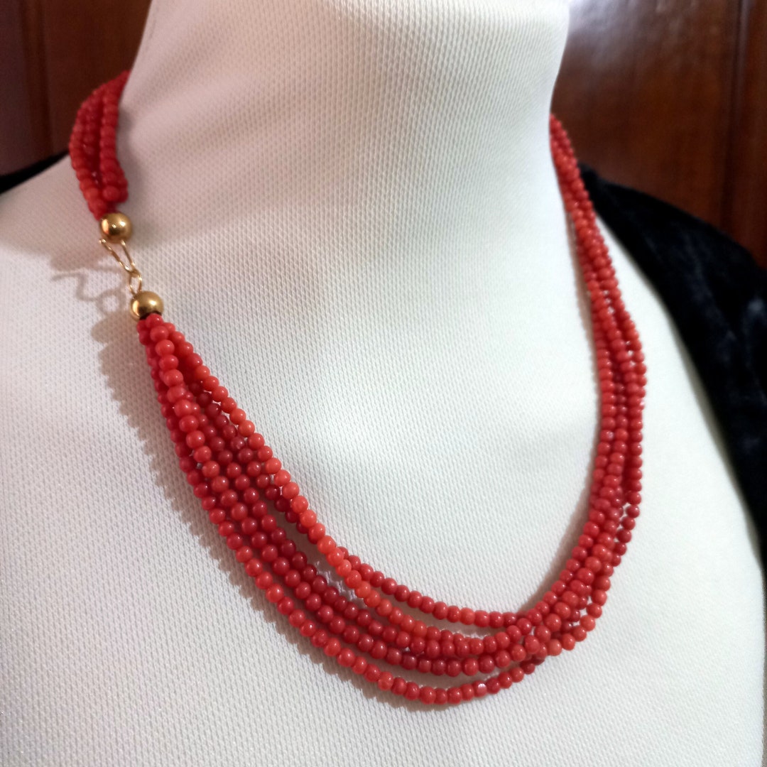 Authentic Natural Coral Necklace 5 Strands 3mm Beads 750 Gold Clasp Red ...