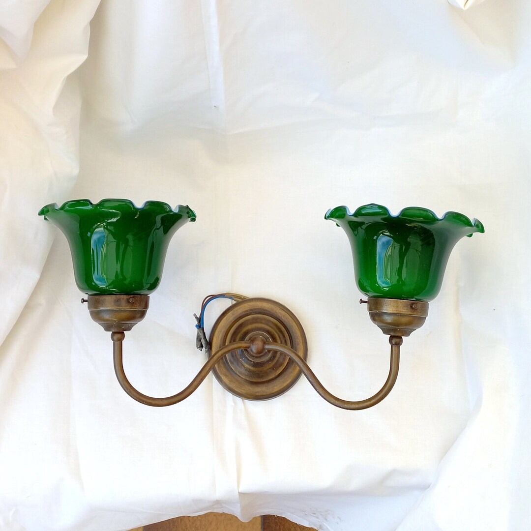 Antique Italian Sconce Two Arm Wall Light Opal Cups Green-white Brass ...