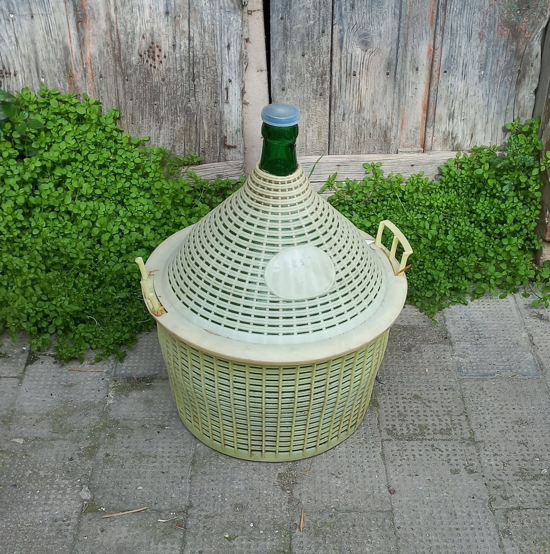 Rare Old Demijohn 25 Liters Green Glass Plastic Cover Antique Wine ...