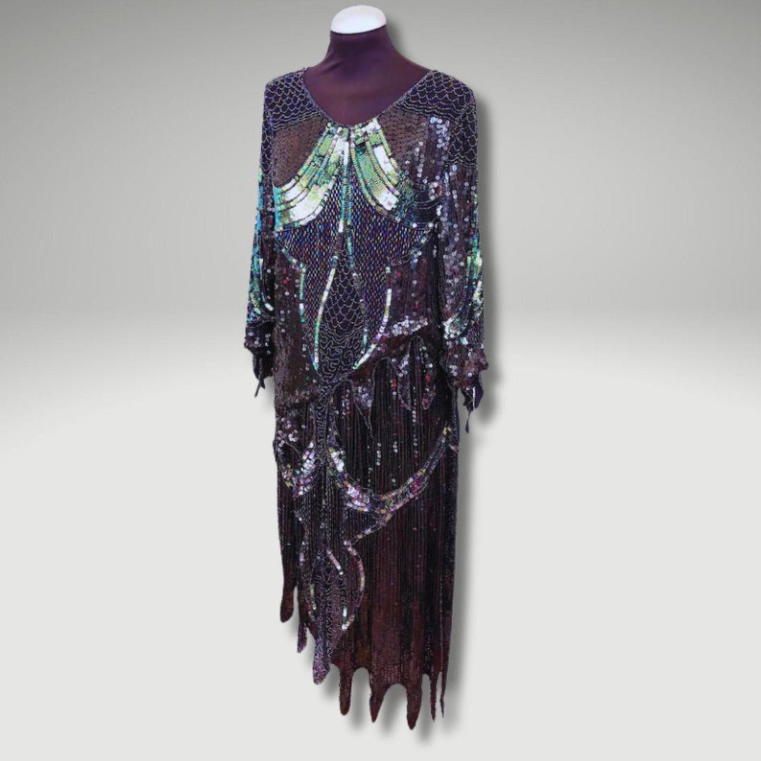 Vintage 70s Style Sequin Evening Dress Women 2 Piece Suit Skirt Blouse ...