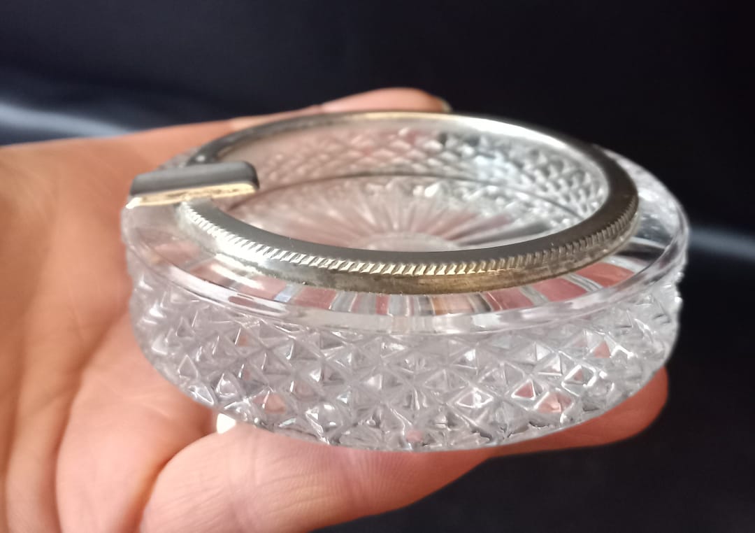 Vintage Ashtray Heavy Carved Glass Silver Frame 800 Mark Smoking Gifts ...