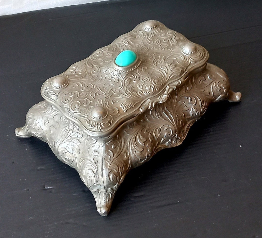 Very Old 1930s-40s Pewter Jewelry Box With Turquoise Very Worked Silver ...
