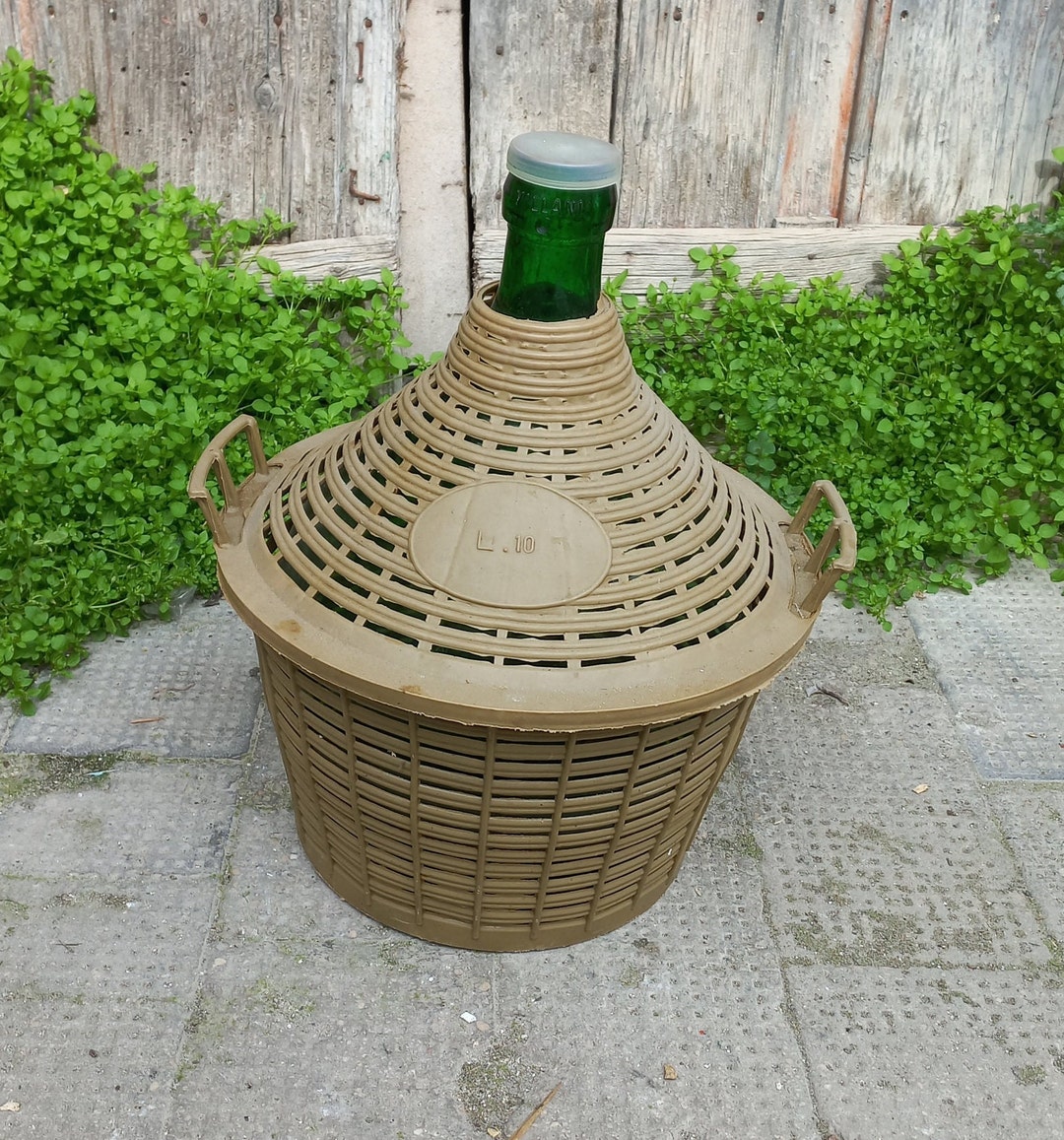 Rare Old Demijohn 10 Liters Green Glass Plastic Cover Antique Wine ...