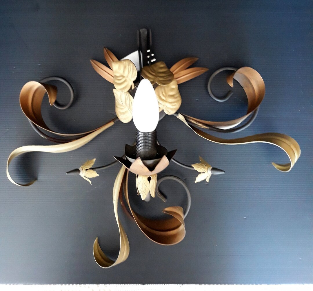 Vintage Italy Wrought Iron Applique 80s Wall Chandelier Lamp Gold Leaf ...